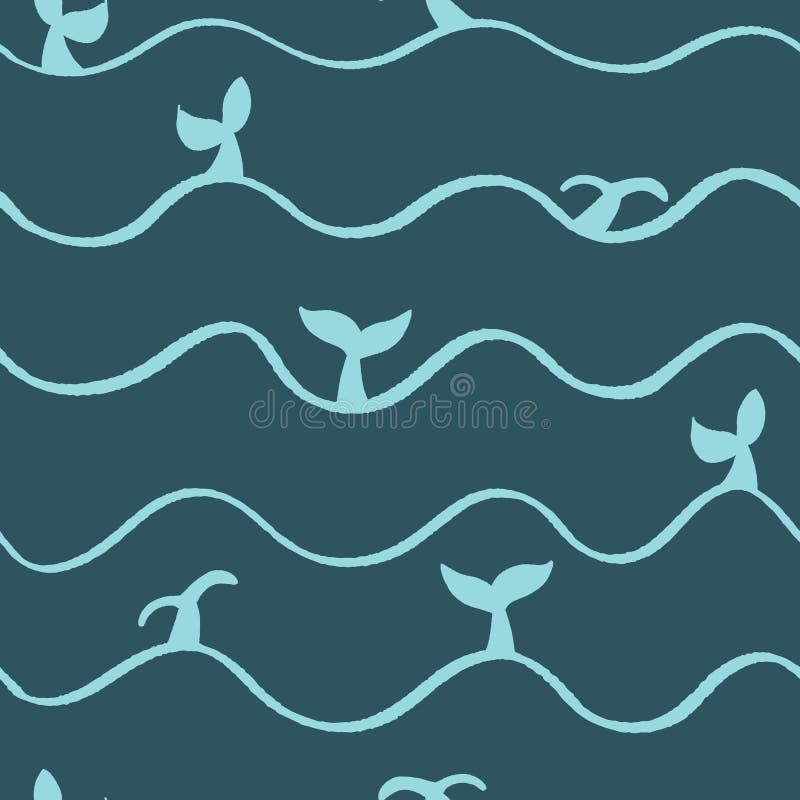 Whale Tails in Wave Stripe Repeat Pattern. Navy Turquoise Seamless ...