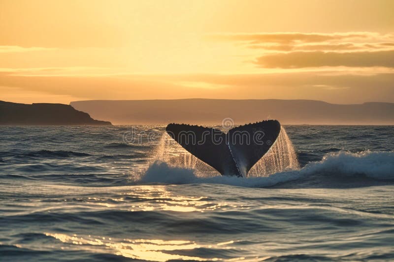 A Whale Waves Its Tail in the Water at Sunset, Generative AI Stock ...