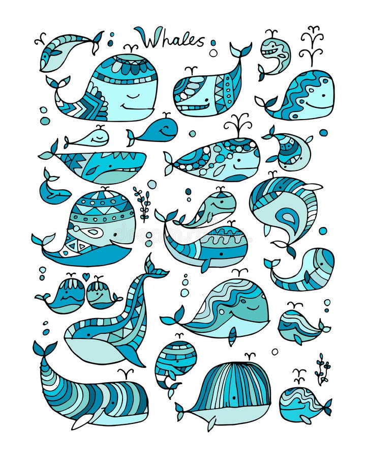 Whales Collection, Sketch for Your Design Stock Vector - Illustration ...