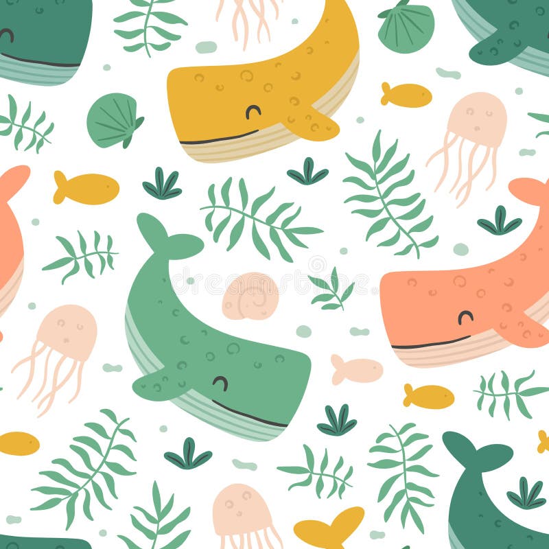 Whales Seamless Pattern with Branches, Fishes and Shells. Doodle Hand ...