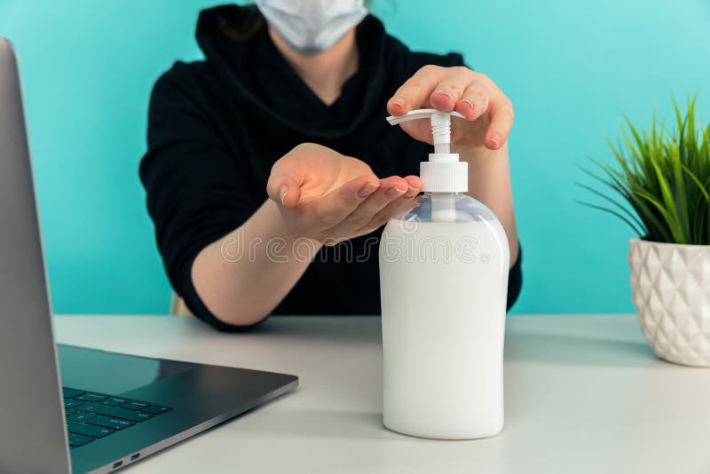 Whashing Hands at Home Concept. Woman with Big Bottle of Soap Working ...