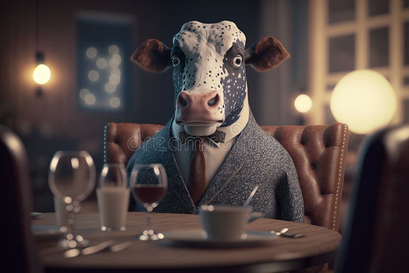Anthropomorphic Cow in a Restaurant. Vegan, Vegetarian, Ecology Concept ...