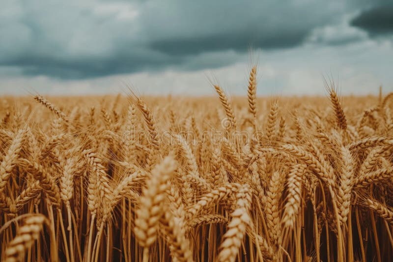 Wheat Farm Landscape with Yellowing Grain Under Cloudy Weather Stock ...