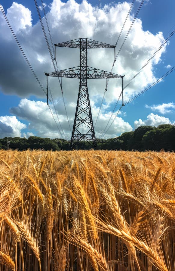 Wheat Field and Electricity Pylon Against Blue Sky Stock Image - Image of danger, engineering ...