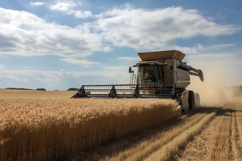 Wheat Field with a Harvester Machine Working on the Field. Stock ...