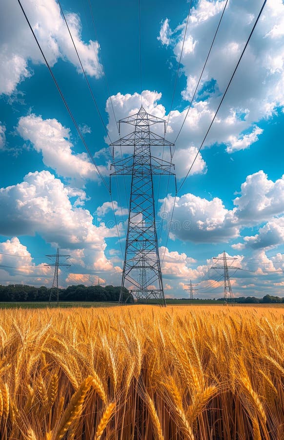 Wheat Field and Power Line on Sunny Day Stock Image - Image of ...