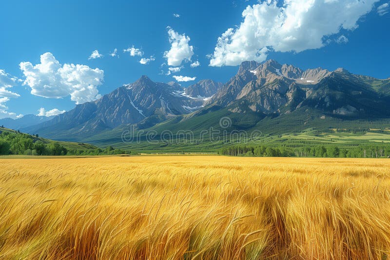 A Wheat Field Stretches Under Mountain Peaks in the Distance Stock ...