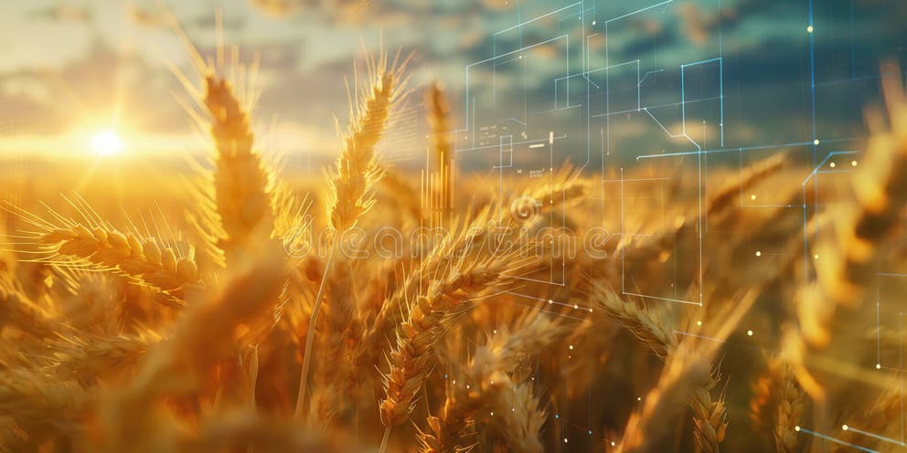 Wheat Field at Sunset with Virtual Data Interface. Stock Photo - Image ...