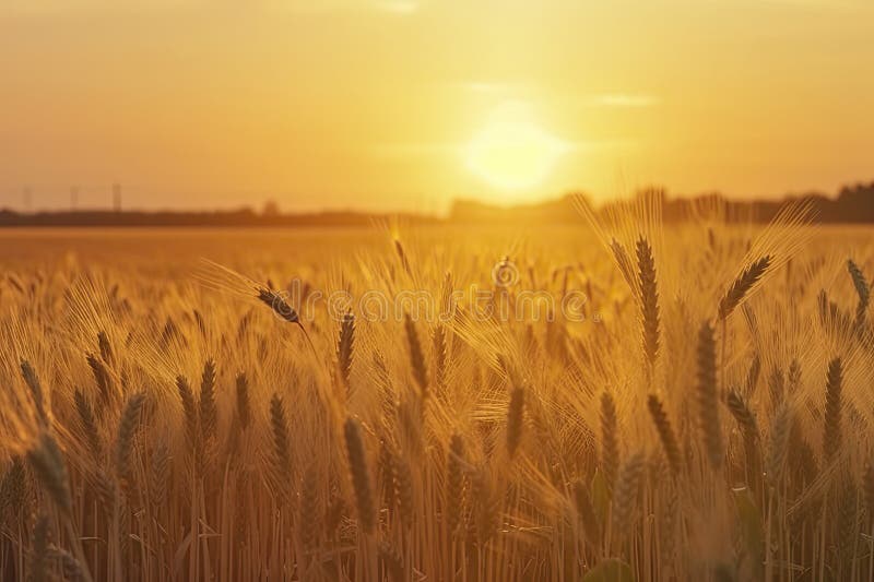 Wheat Grain Ear and Rye Field on Yellow Sunset Sky Background Stock ...