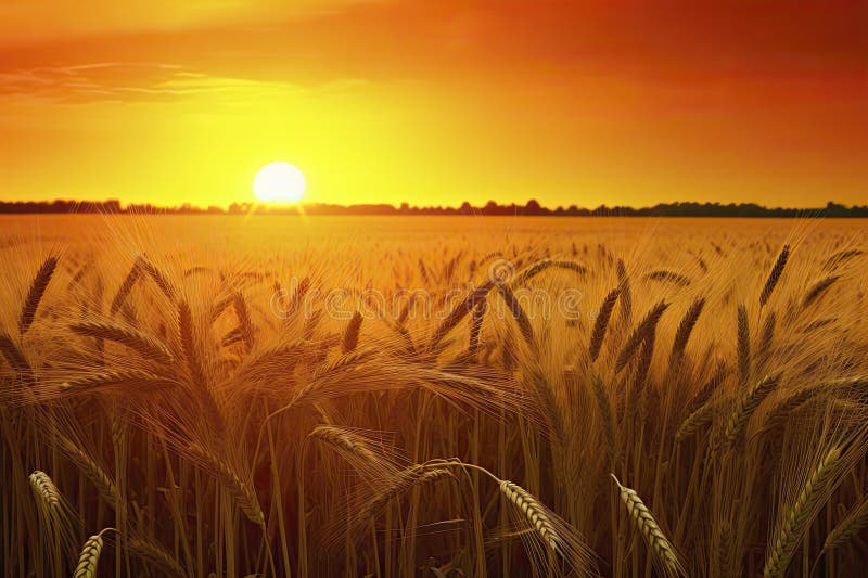 Wheat Grain Ear and Rye Field on Yellow Sunset Sky Background Stock ...
