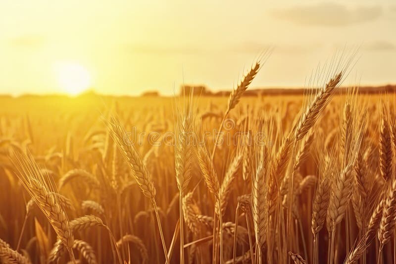 Wheat Grain Ear and Rye Field on Yellow Sunset Sky Background Stock ...