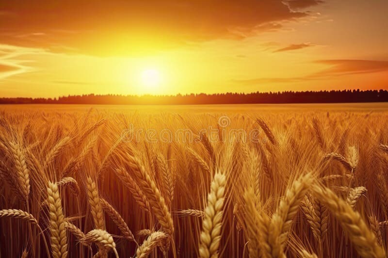 Wheat Grain Ear and Rye Field on Yellow Sunset Sky Background Stock ...