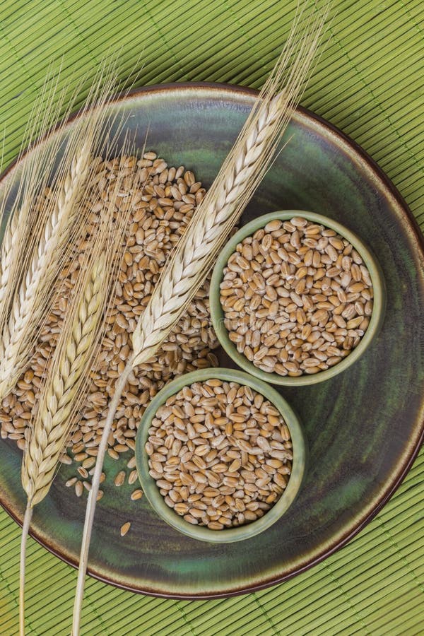 Wheat Grains in Ceramic Cups, Spikelets of Wheat on a Green Back Stock ...