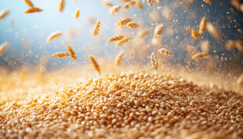 Wheat Grains Falling on a Pile of Wheat Against Blue Background Stock ...
