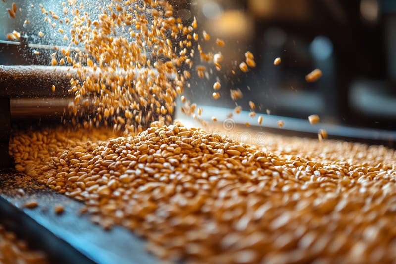 Wheat Grains Pouring from a Conveyor Belt in a Processing Facility ...