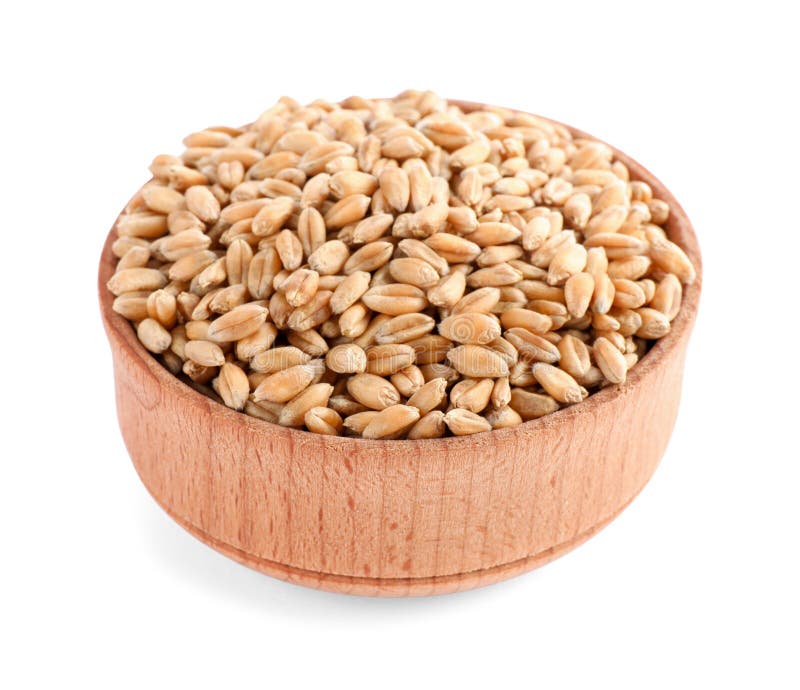 Wheat Grains in Wooden Bowl Isolated on White Stock Image - Image of ...