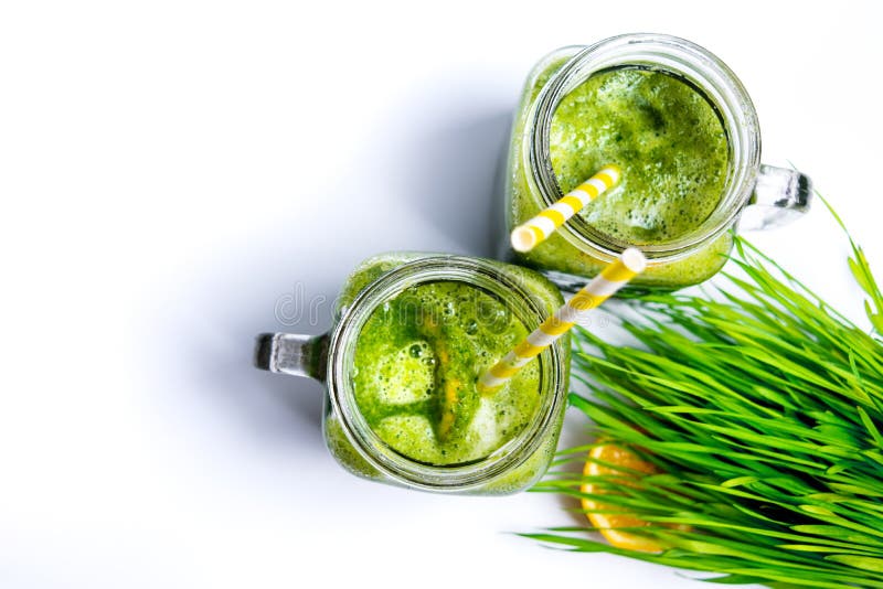 Wheat Grass and Smoothies Isolated on White Stock Photo - Image of ...