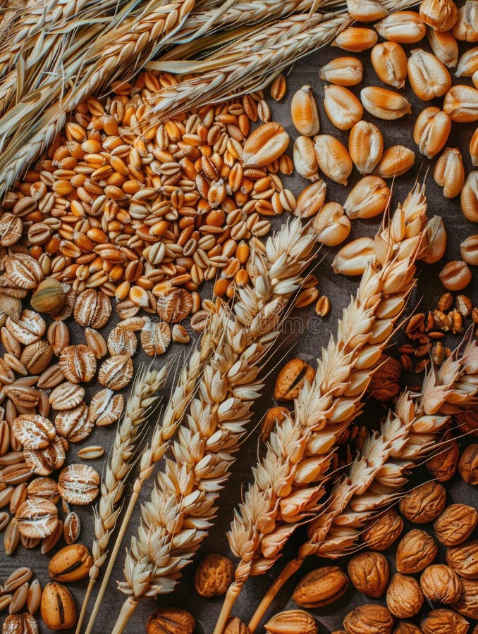 Wheat and Nuts on Table stock image. Image of staples - 372295797