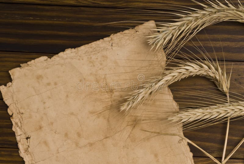 Wheat on the Old Wooden Table and Old Paper Stock Photo - Image of ...