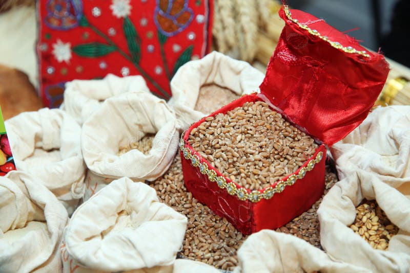 Wheat Grain in a Square Box . Wheat in a Red Box . Stock Image - Image ...