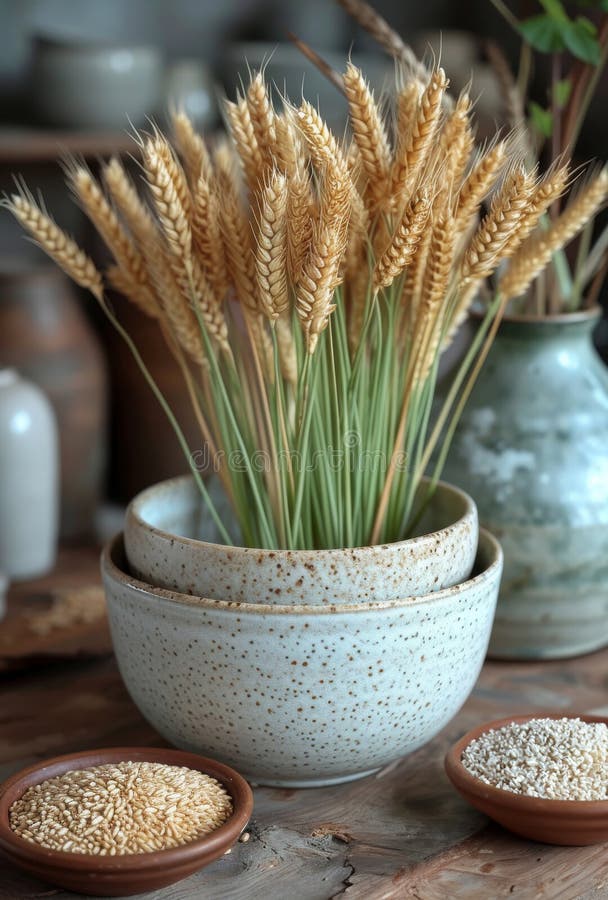 Wheat and Rice in Ceramic Bowl on Wooden Table Stock Image - Image of ...