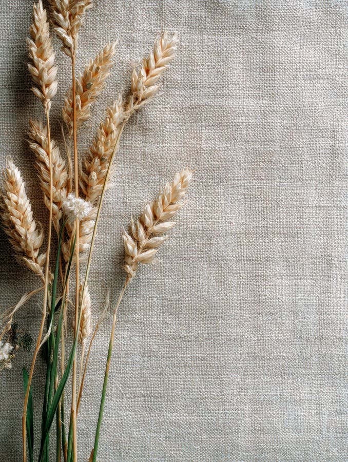 Wheat Stalks Arranged on Linen Fabric Showcasing Natural Textures and ...