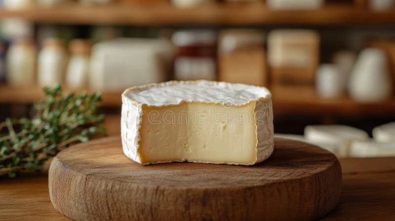 A Wheel of Brie Cheese on a Wooden Board with a Slice Cut Out. Stock ...