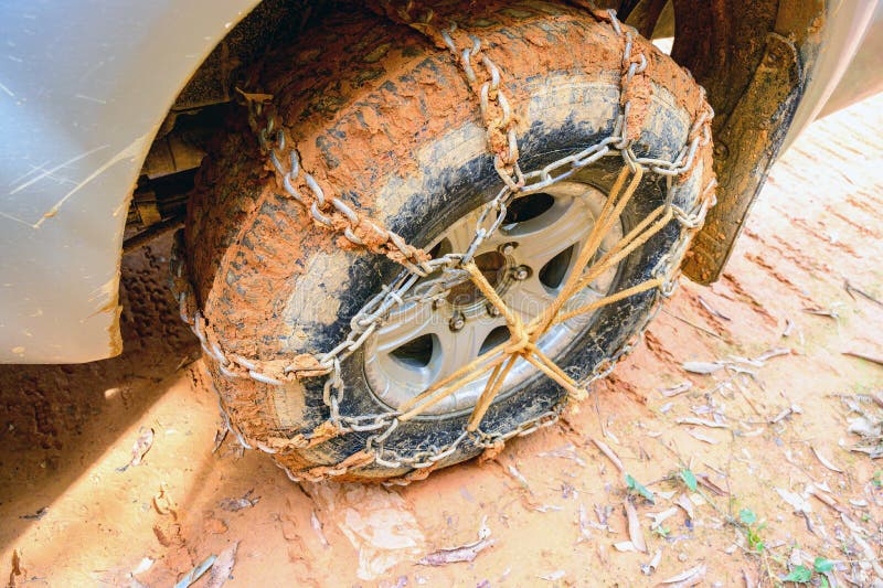Wheel of a Car with Mounted Mud Chains Stock Photo - Image of soft ...