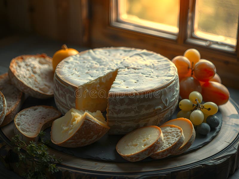 Wheel of Cheese Image Served on a Plate. Rustic Background Concept ...