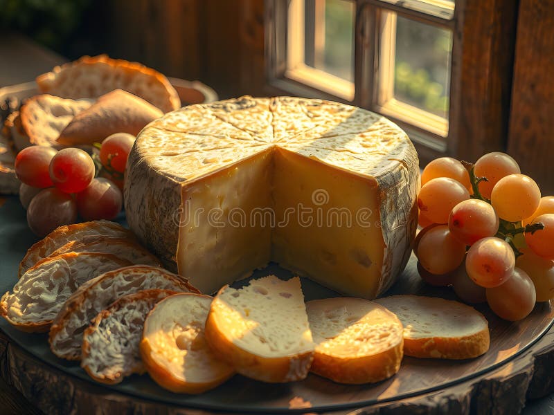 Wheel of Cheese Image Served on a Plate. Rustic Background Concept ...