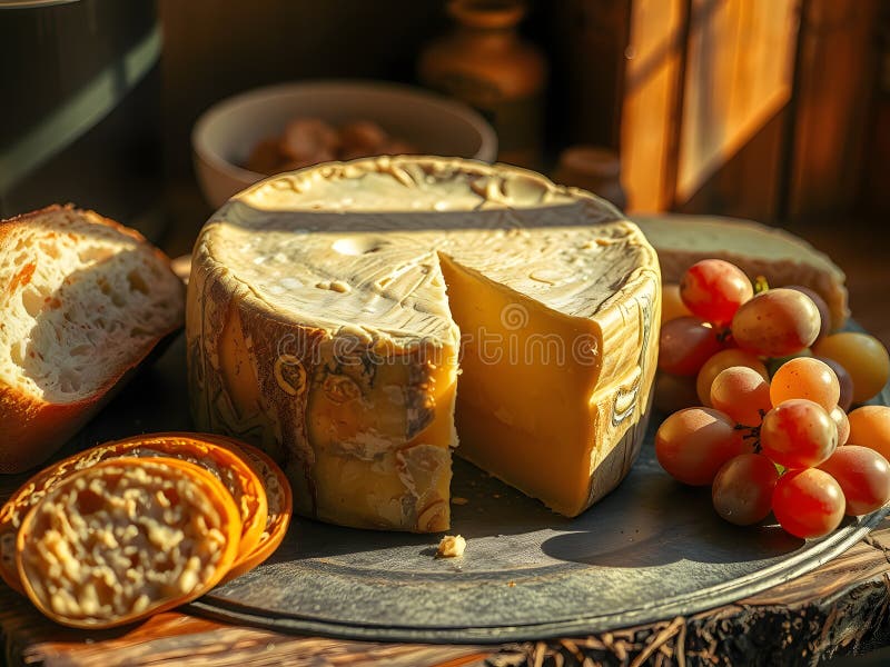 Wheel of Cheese Image Served on a Plate. Rustic Background Concept ...