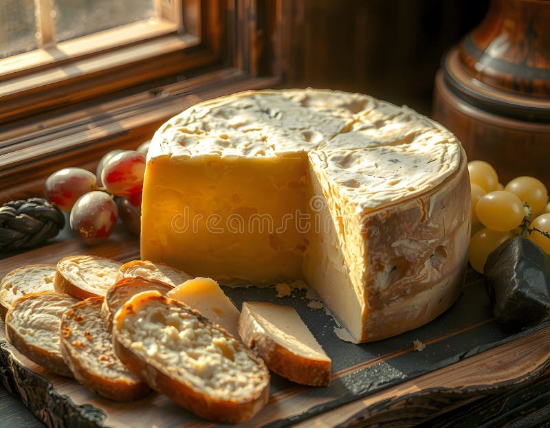 Wheel of Cheese Image Served on a Plate. Rustic Background Concept ...