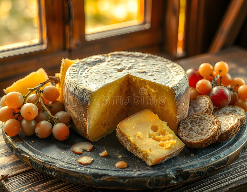 Wheel of Cheese Image Served on a Plate. Rustic Background Concept ...