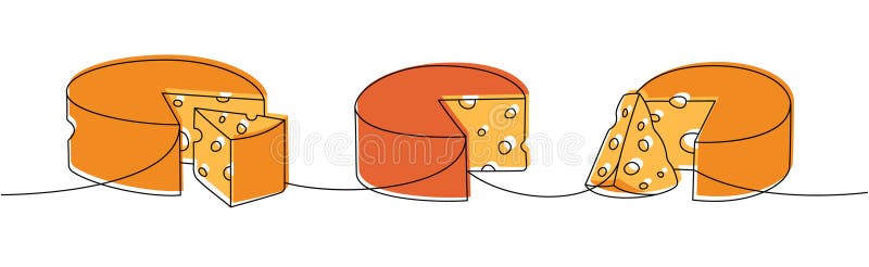 Wheel Cheese Set One Line Colored Continuous Drawing. Different Types ...