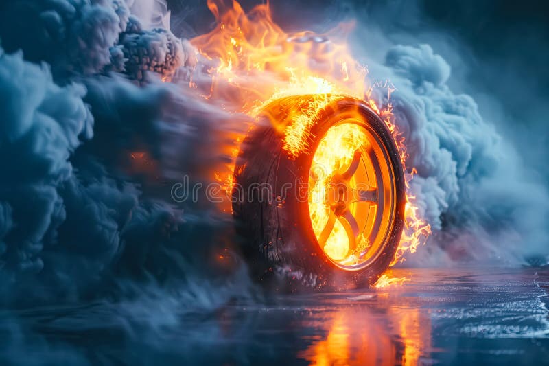 Wheel is on Fire and Surrounded by Smoke. Stock Photo - Image of street ...