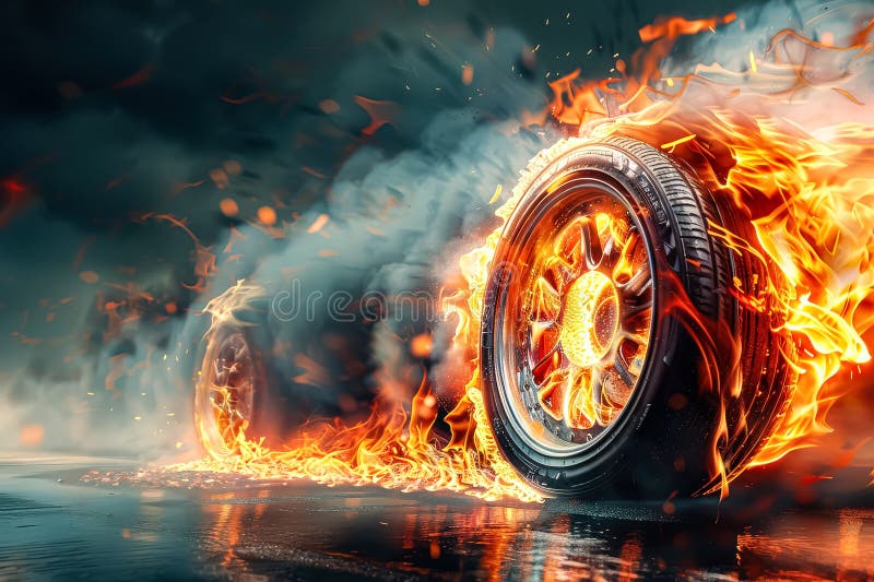 Wheel is on Fire and Surrounded by Smoke. Stock Photo - Image of burn ...