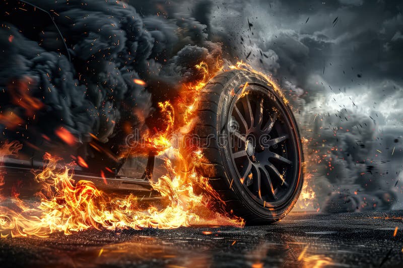 Wheel is on Fire and Surrounded by Smoke. Stock Photo - Image of flame ...
