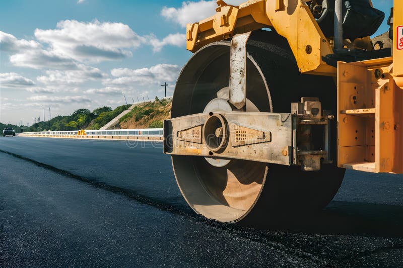 Wheel of Large Road Roller Compacts Fresh Asphalt, Construction Photo ...