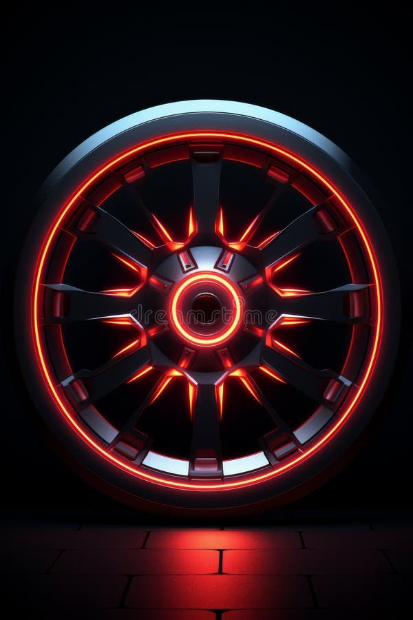Wheel Lighted in Neon and Red on a Dark Background. Black Rim with Red ...
