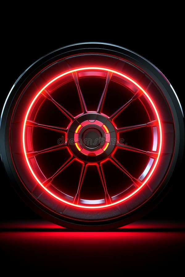 Wheel Lighted in Neon and Red on a Dark Background. Black Rim with Red ...