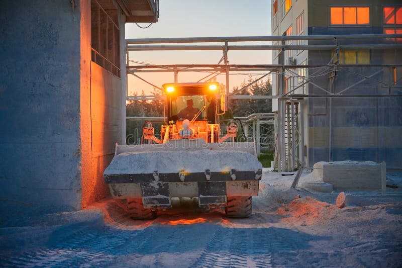 Wheel Loader with Bright Lights Transports Lime in Bucket Stock Photo ...