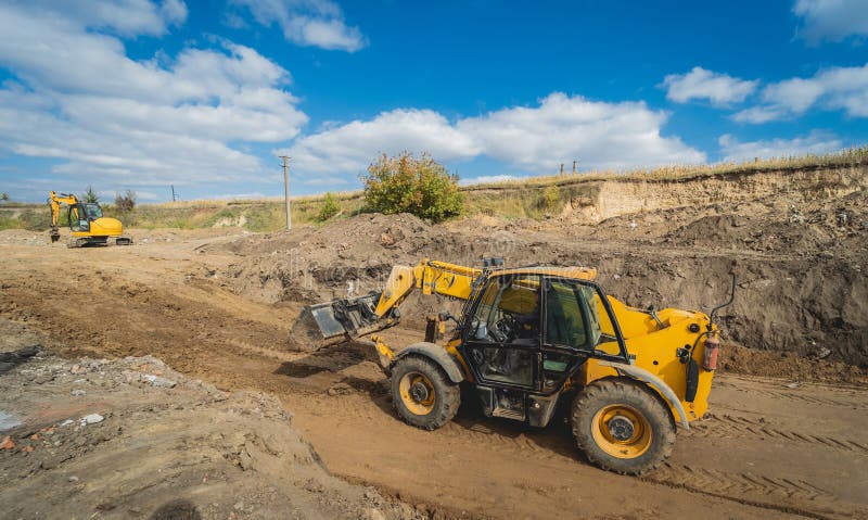 Wheel Loader Excavator Works at Construction Site Stock Image - Image ...