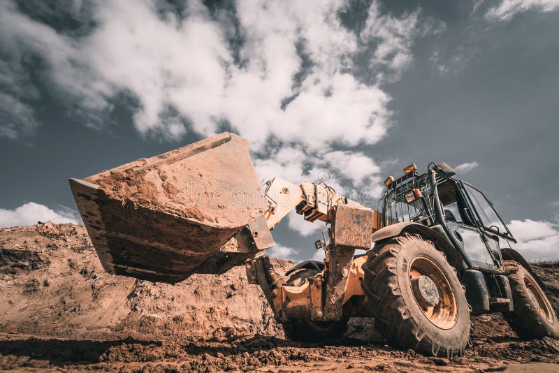 Wheel Loader Excavator Works at Construction Site Stock Image - Image ...