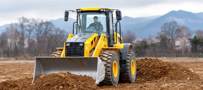Wheel Loader Moving Soil on Construction Site with Mountains in ...