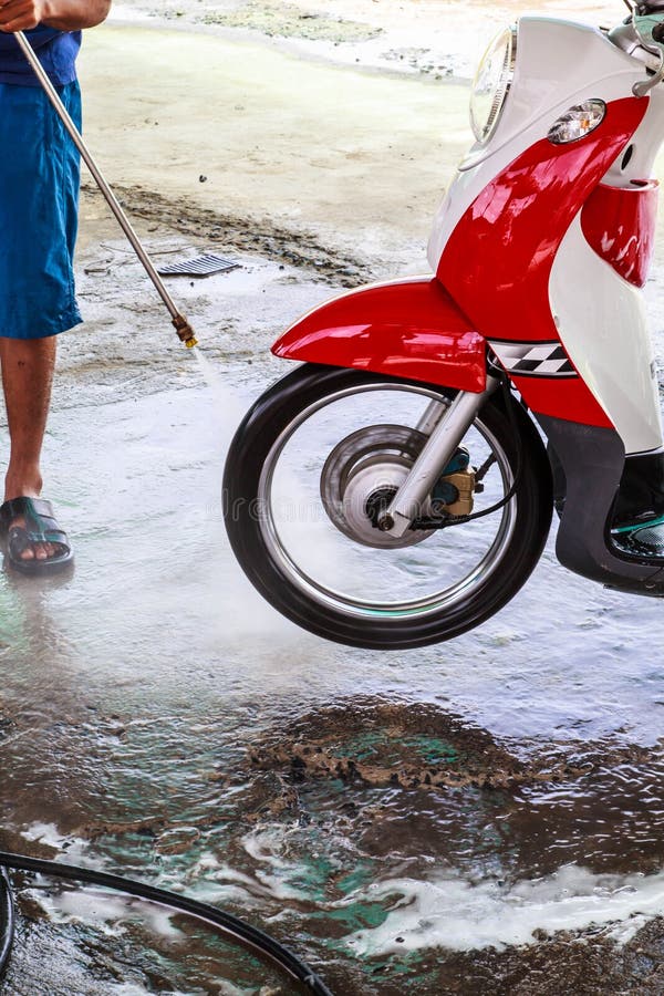 Wheel Motorcycle Washing with Water Pressure. Stock Image - Image of ...
