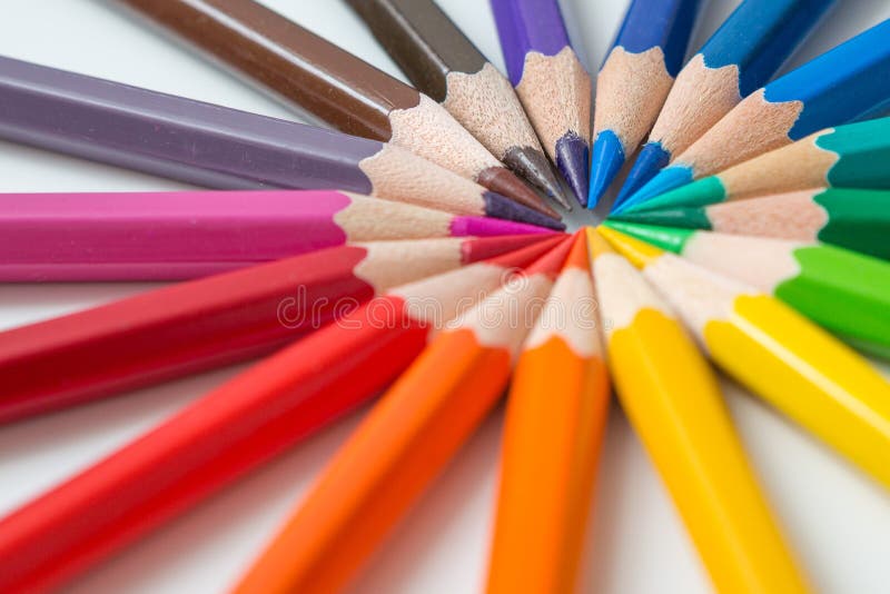 Wheel Pattern of Colorful Many Colored Pencils on a White Background ...