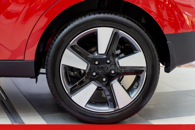 Wheel on a Red Car. View from the Front. it`s a Beautiful Wheel. Close ...