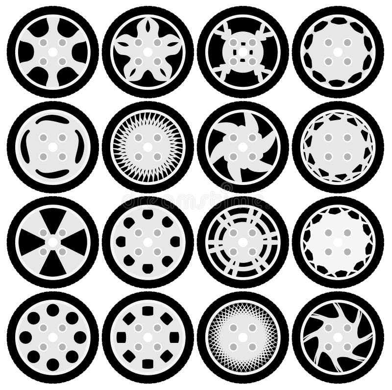 Car Wheel and Rims Icons. Set of Drawing Isolated Objects Stock Vector ...