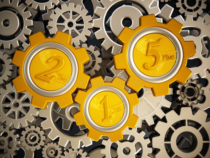 Wheel Shaped Gold Coins with Numbers 1, 2 and 5 in Motion. 3D ...