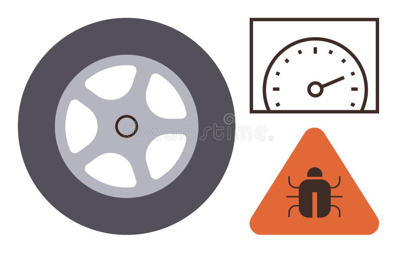 Wheel, Speedometer, and Bug Warning Sign Representing Vehicle Performance and Safety Issues ...